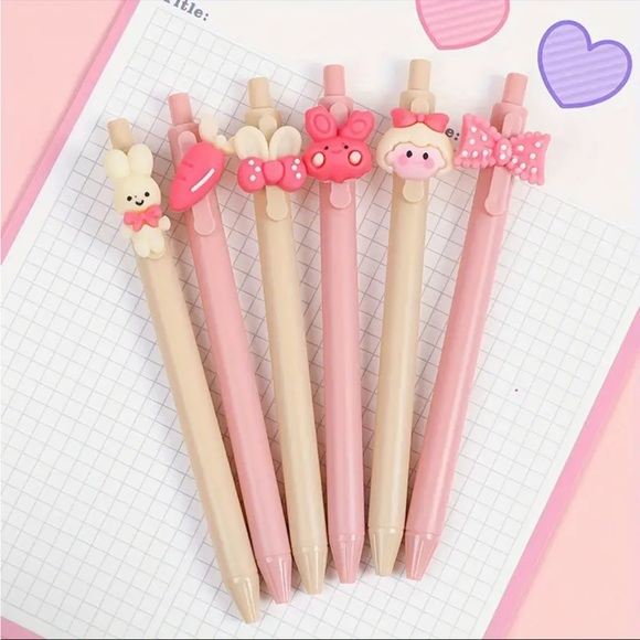 Office | Set Of 6 Pink Girly Girl Gel Pens Bows Bunnies Doll Carrot ...